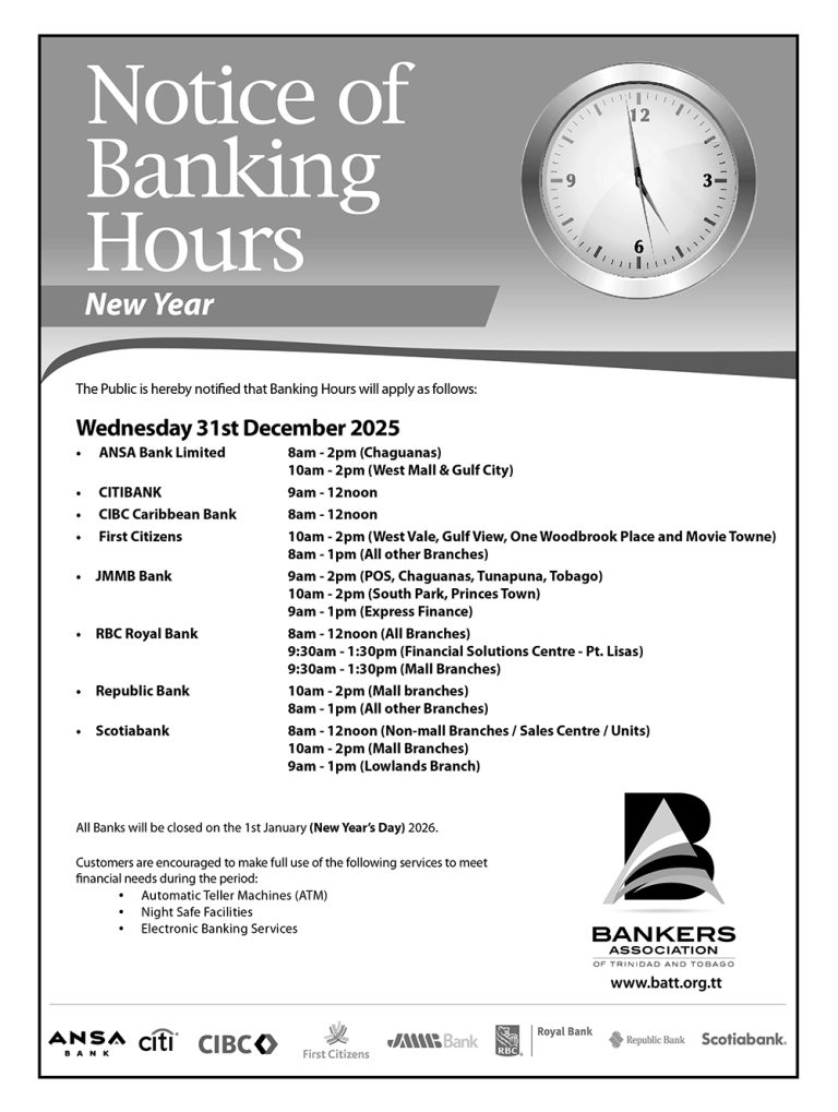 2025 Holiday Banking Hours - The Bankers Association of Trinidad and Tobago